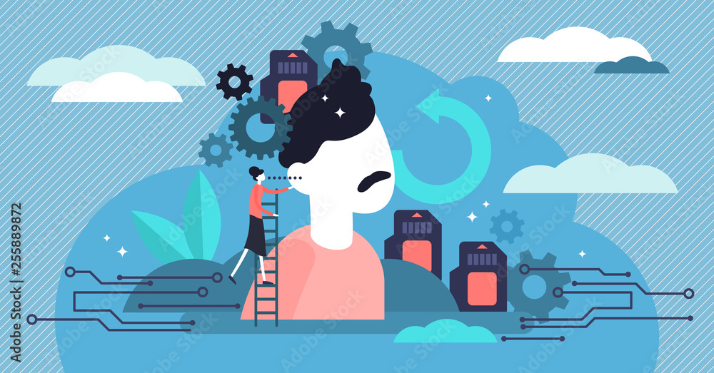 Memory vector illustration. Flat tiny symbolic brain growth persons ...