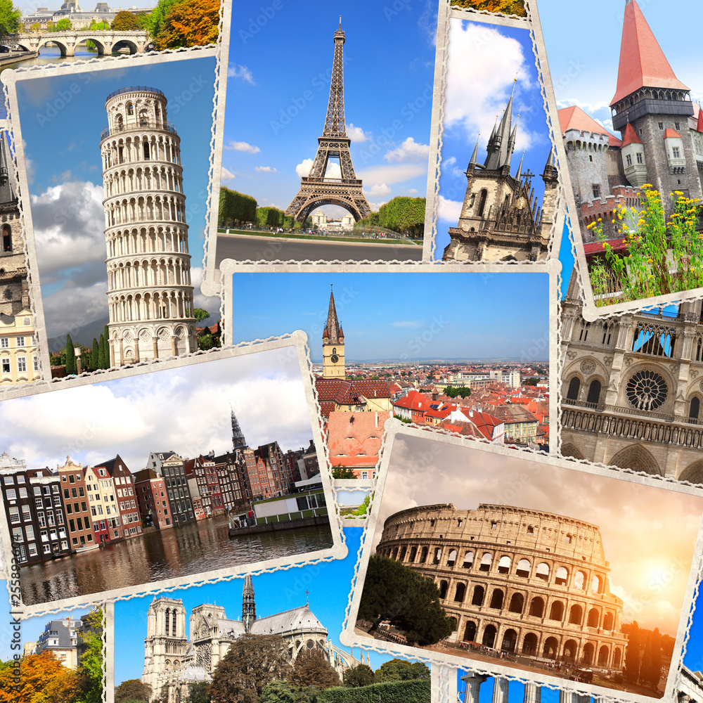 Vintage travel background with retro photos of european landmarks Stock ...