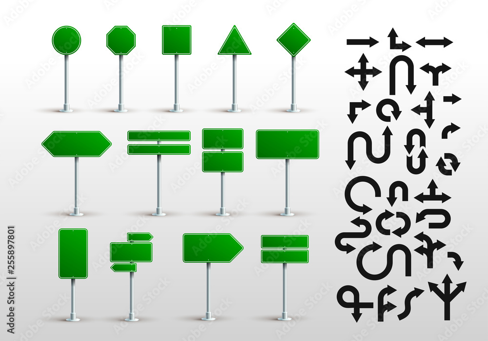 Set Of Green Traffic Signs. Road Board Text Panel, Mockup Signage Direction Highway City ...