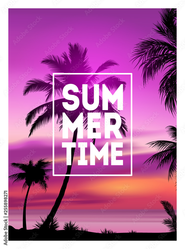 Summer tropical background with palms, sky and sunset. Summer placard ...