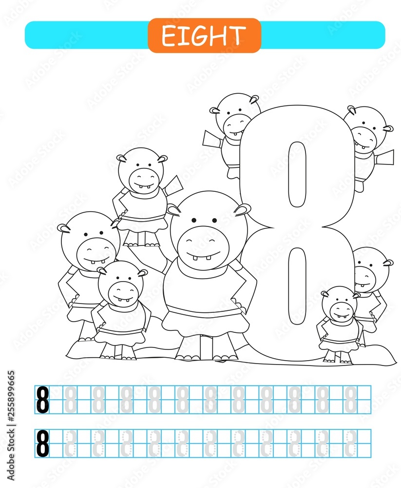 Eight. Learning number 8. Coloring printable worksheet for kindergarten ...