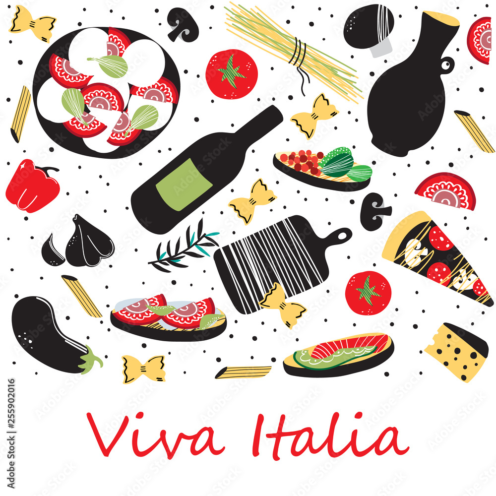 Italian cuisine vector illustration with caprese salad, olive oil ...