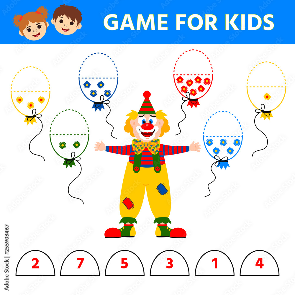 Education logic game for preschool kids. Clown and balloons. Children ...