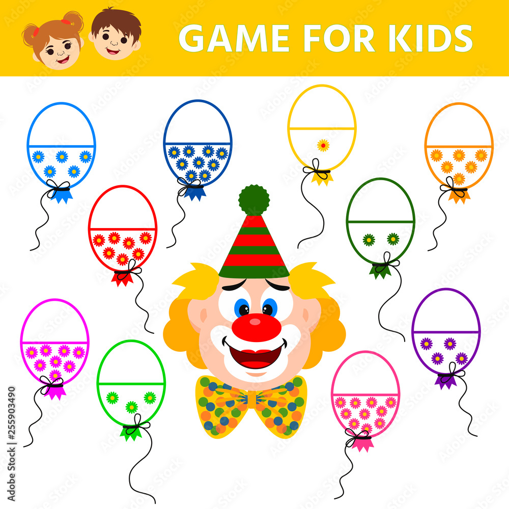 Education logic game for preschool kids. Clown and balloons. Children ...