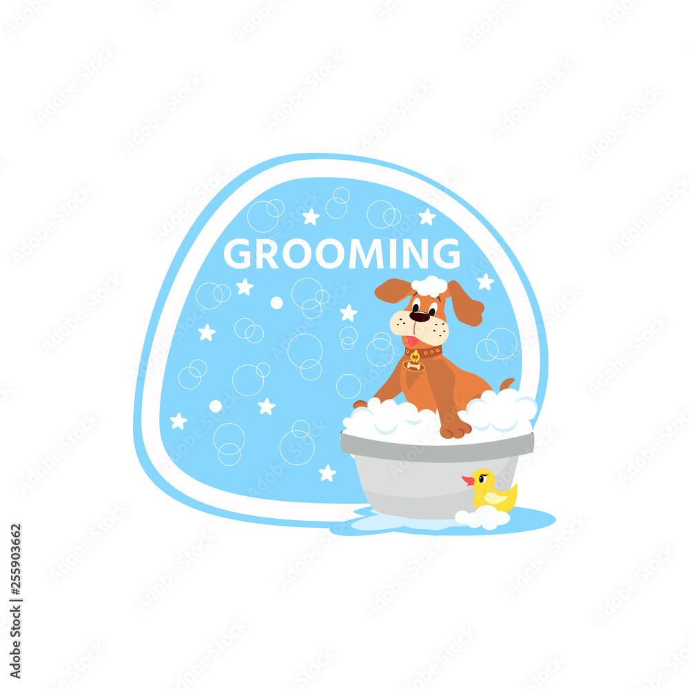 Dog grooming concept. Cartoon cute dog character a soapy bath with ...