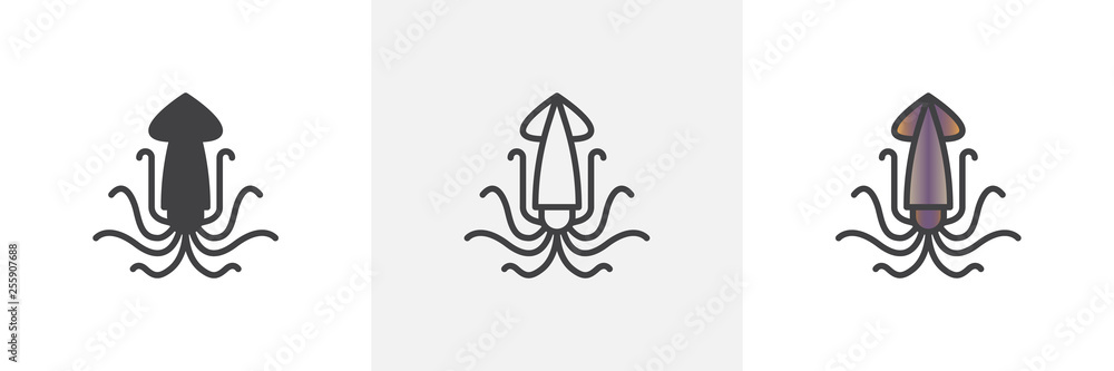 Squid, calamari icon. Line, glyph and filled outline colorful version ...