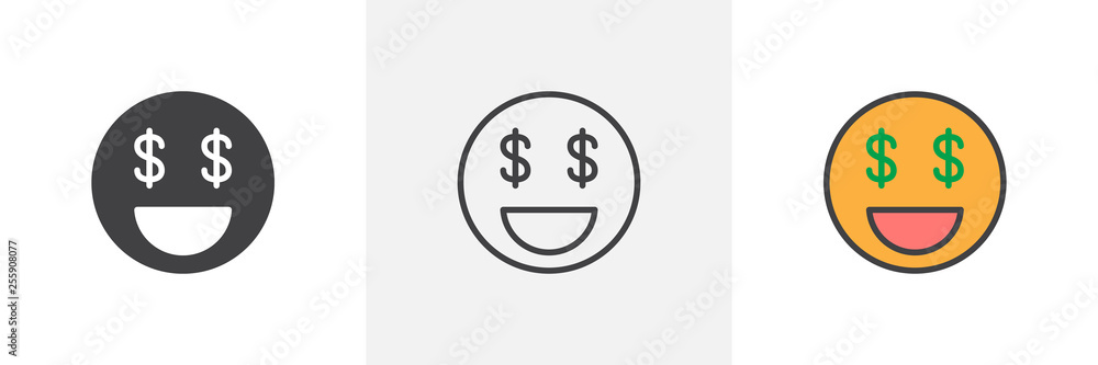 Money face smiley icon. Line, glyph and filled outline colorful version ...