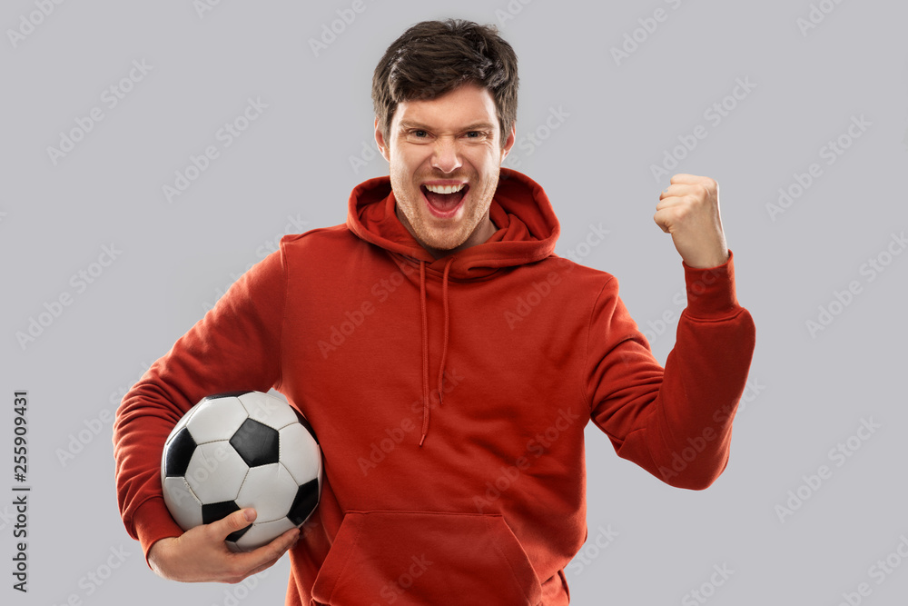 sport, leisure games and winning - happy man or football fan in red ...