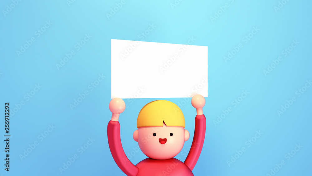 Cartoon man holding an empty sign. 3d rendering picture. Stock ...