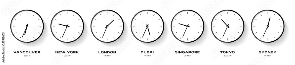 World time. Simple Clock icons in flat style. Vancouver, New York ...