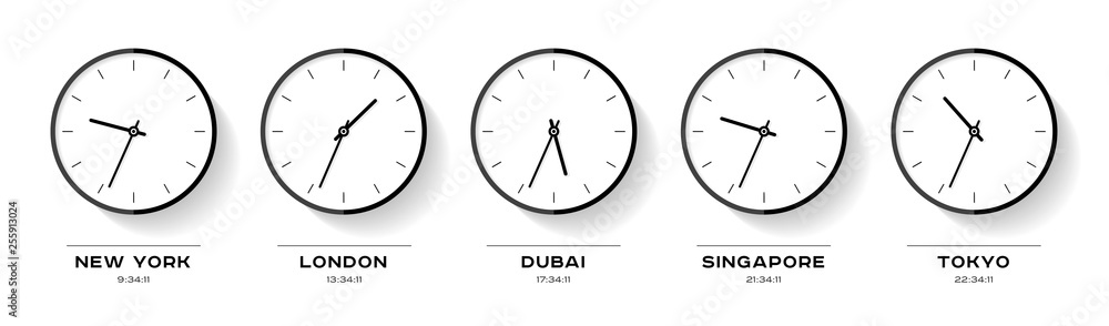 World time. Simple Clock icons in flat style. New York, London, Dubai ...