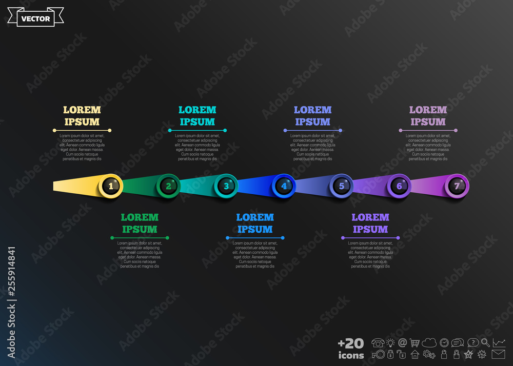Timeline infographics design with colorful circles on the black ...