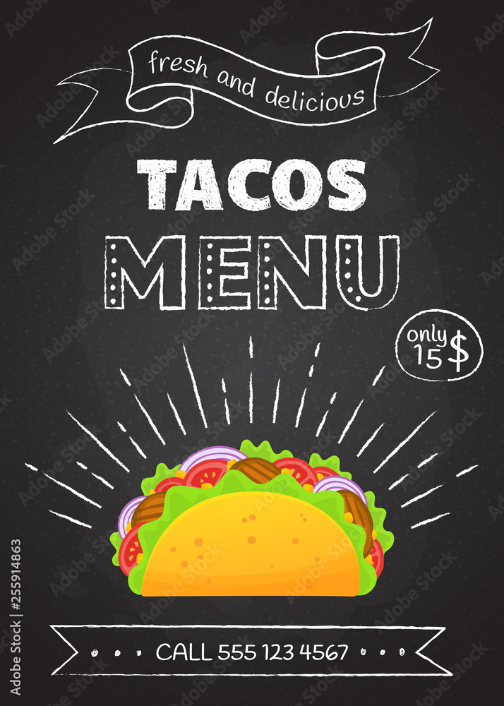 Traditional mexican fast food tacos menu vector illustration. Vintage ...