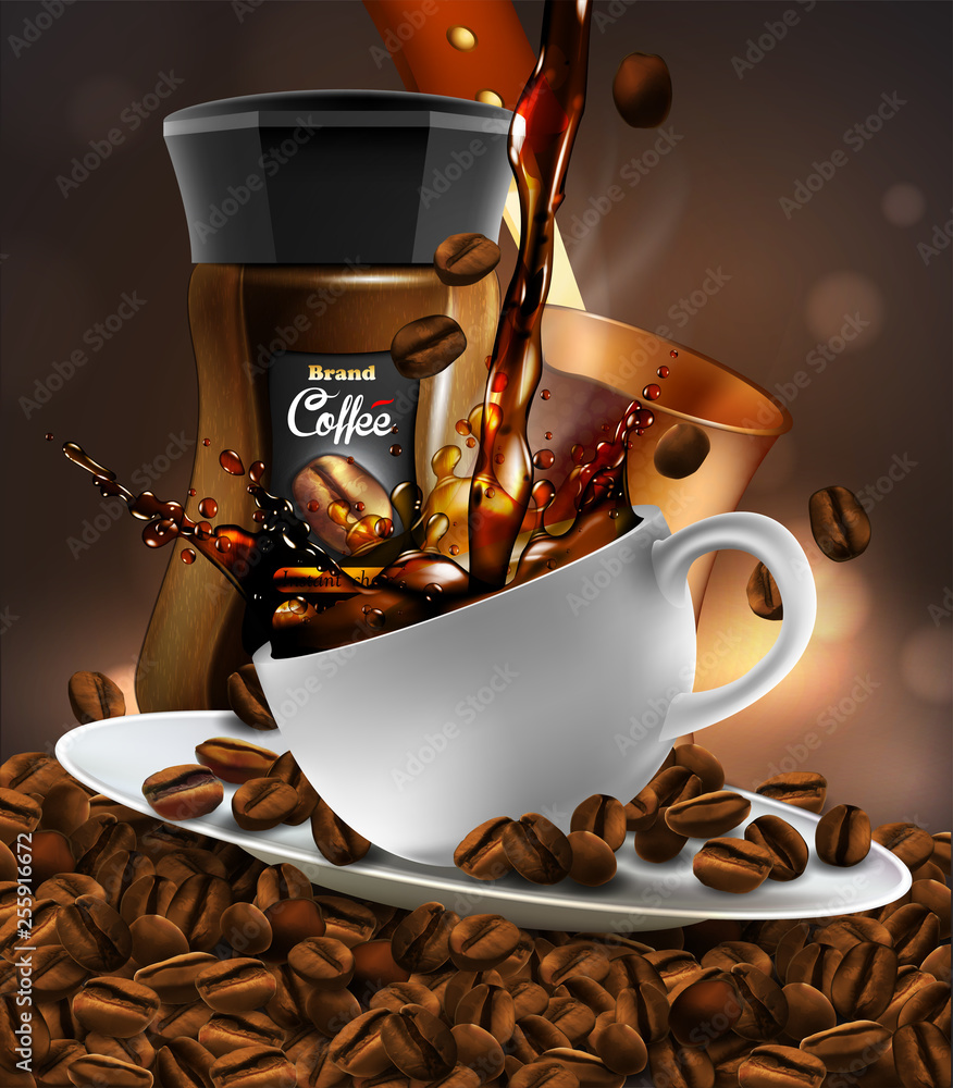 Coffee advertising design with cup of coffee and splash effect, 3D ...