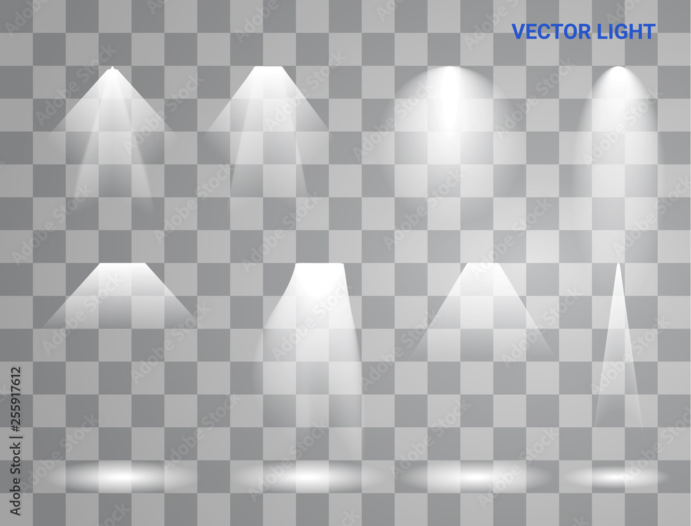 White beam lights set of different shapes and projections gleaming in ...