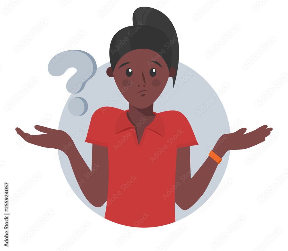 Cartoon pretty black girl doubts, thinks why. Woman with question mark ...