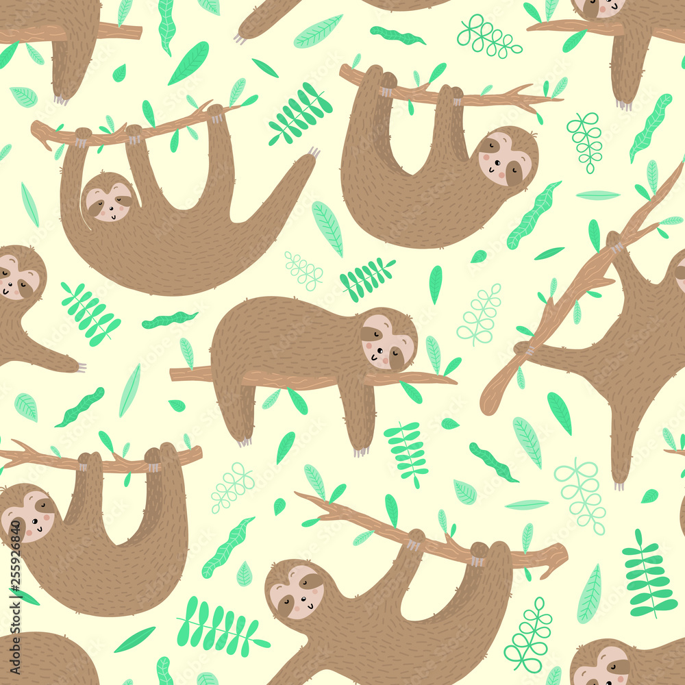 Seamless pattern of cute sloths and leaves. Hand-drawn illustration of ...
