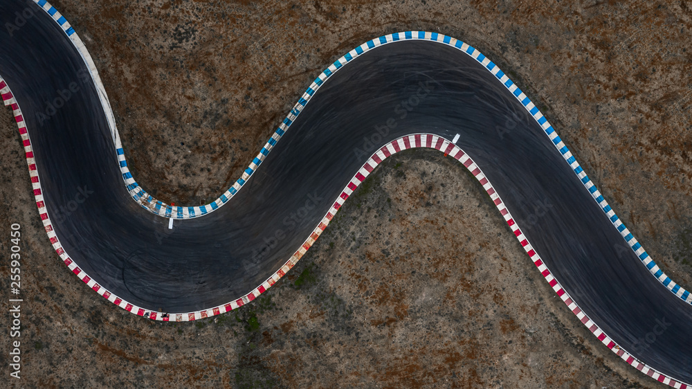 Curving race track view from above, Aerial view car race asphalt track ...