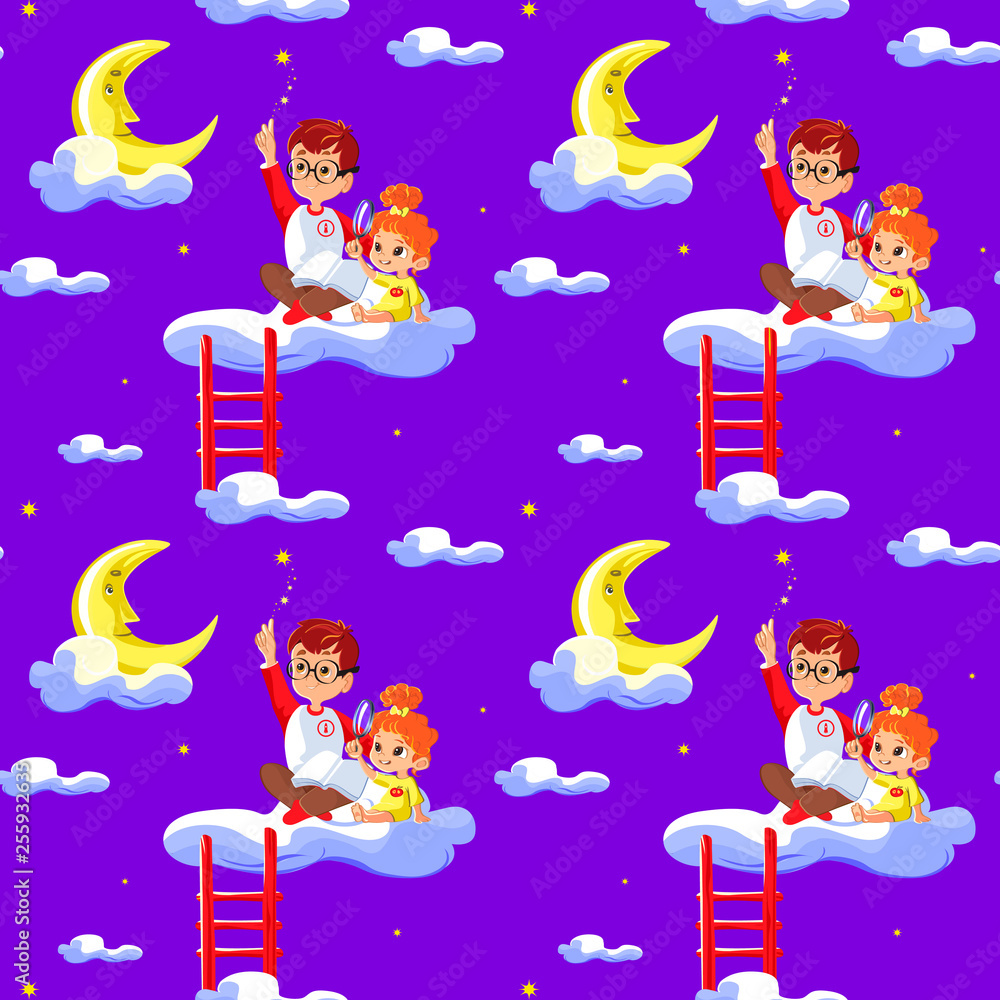 Seamless children pattern with cute boy and little girl, clouds, stars ...