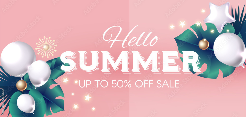 Hello, Summer Design Tempkate with Palm Leaves, Flowers, Realistic Fiol ...