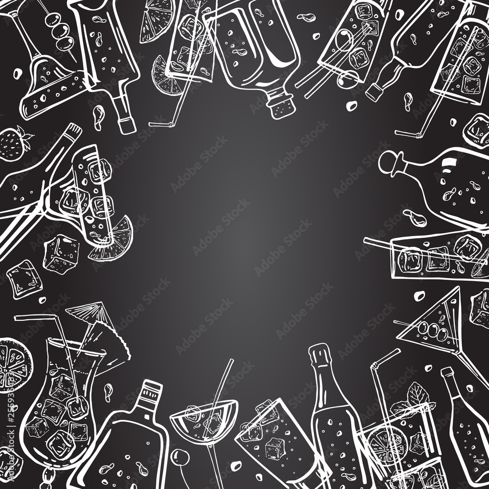 Vector outline hand drawn frame with different alcohol bottles and ...