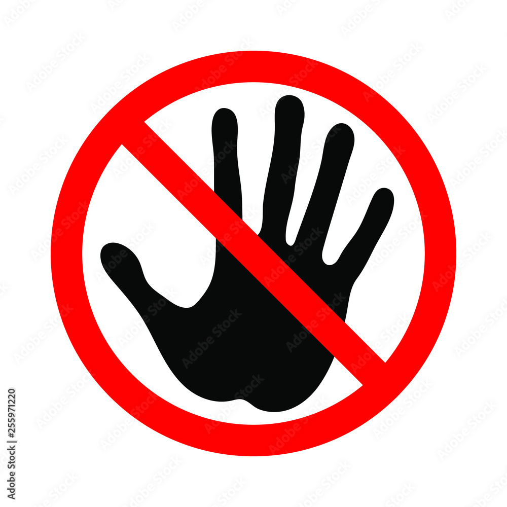 Symbol or sign don't touch. Red prohibition sign on black palm. Vector ...