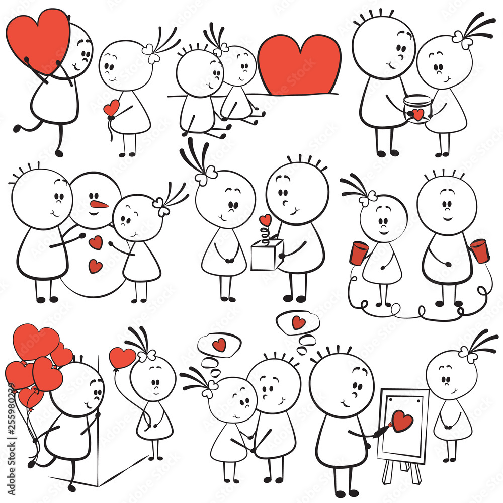Collection Cartoon Figure Lovers In Different Poses With Red Heart Stick Man Set Of Doodle