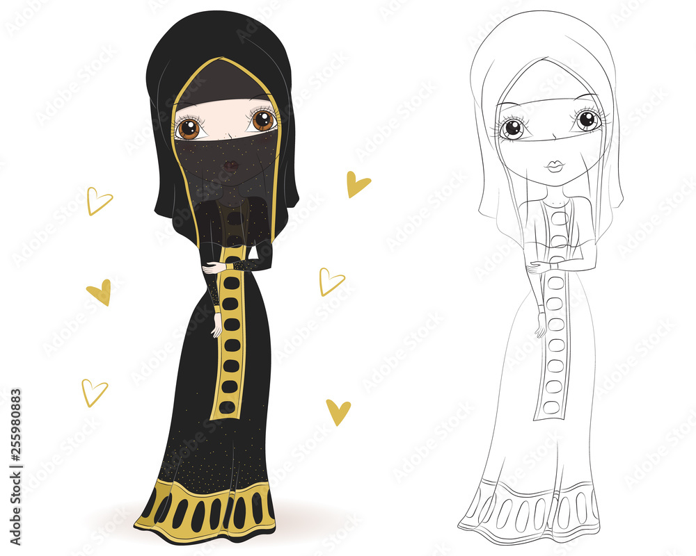 Set of hand drawn Arabic woman in hijab on white background. Cartoon ...