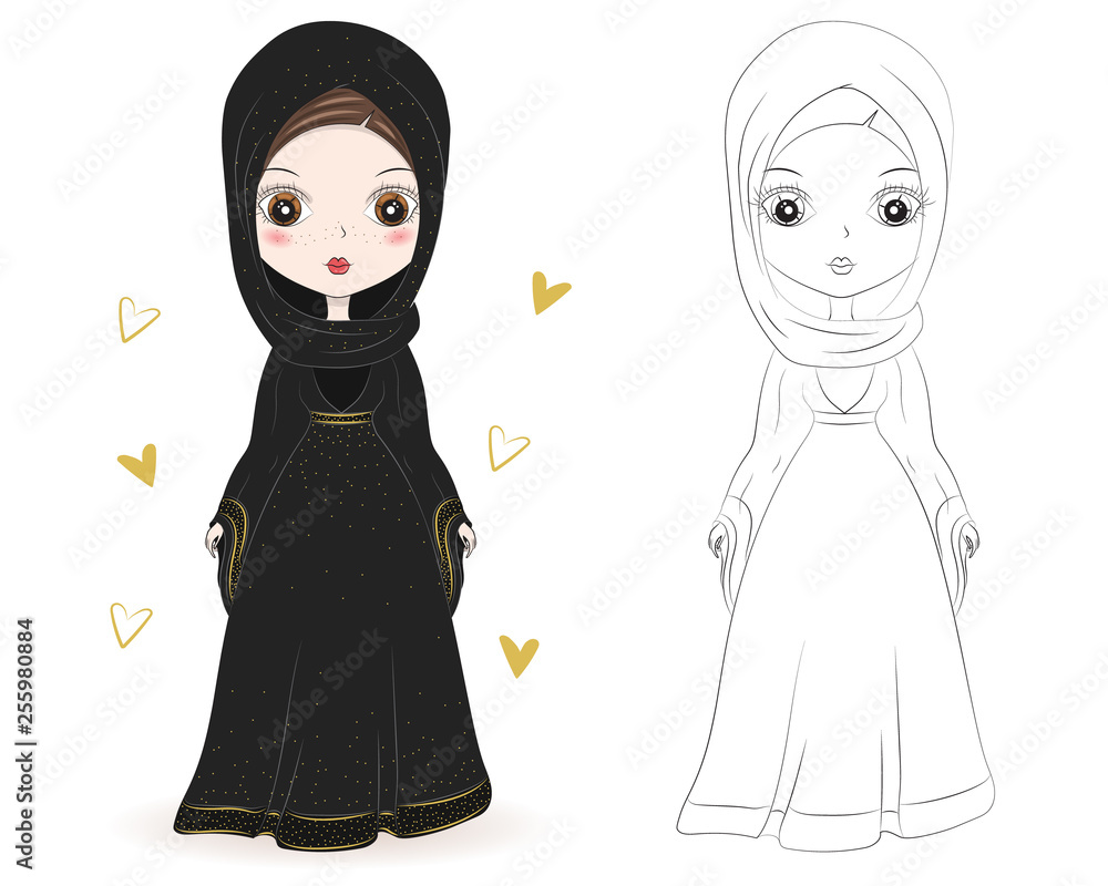 Set of hand drawn traditional Arabic woman in hijab on white background ...