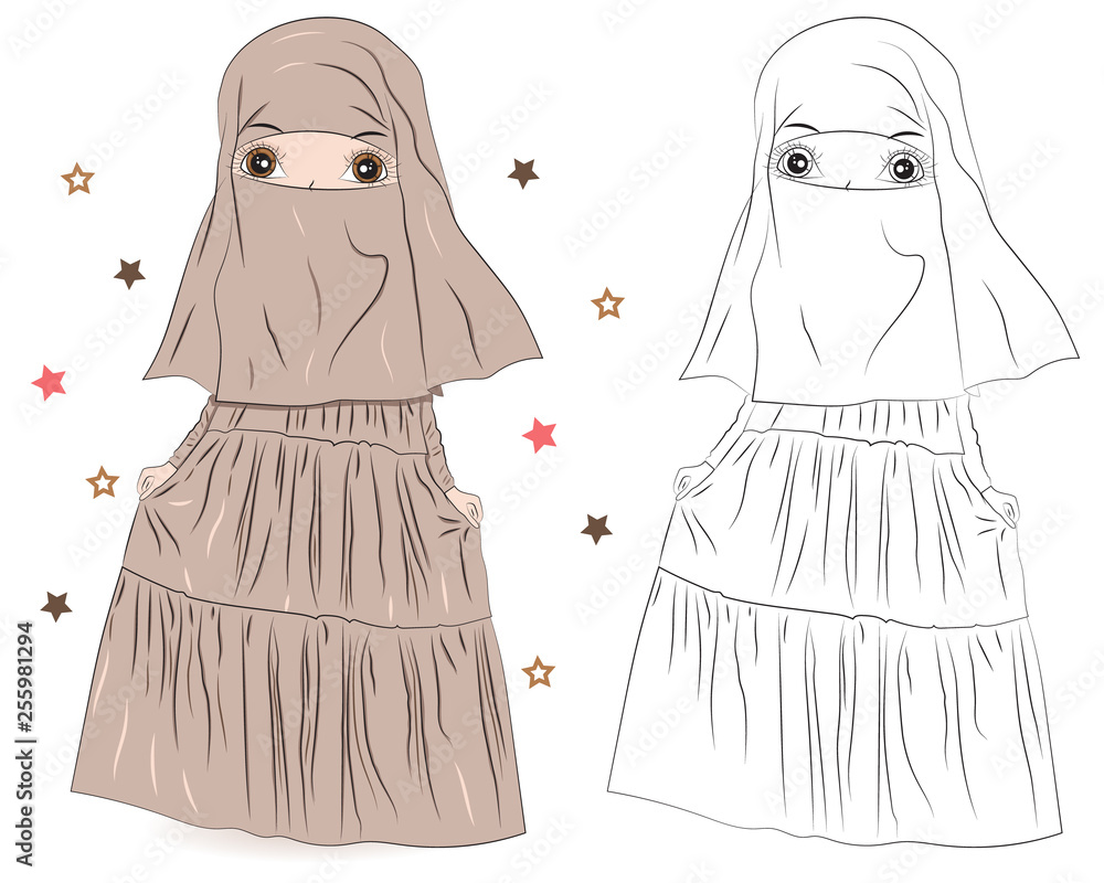 Vetor de Set of hand drawn Arabic woman in hijab on white background ...