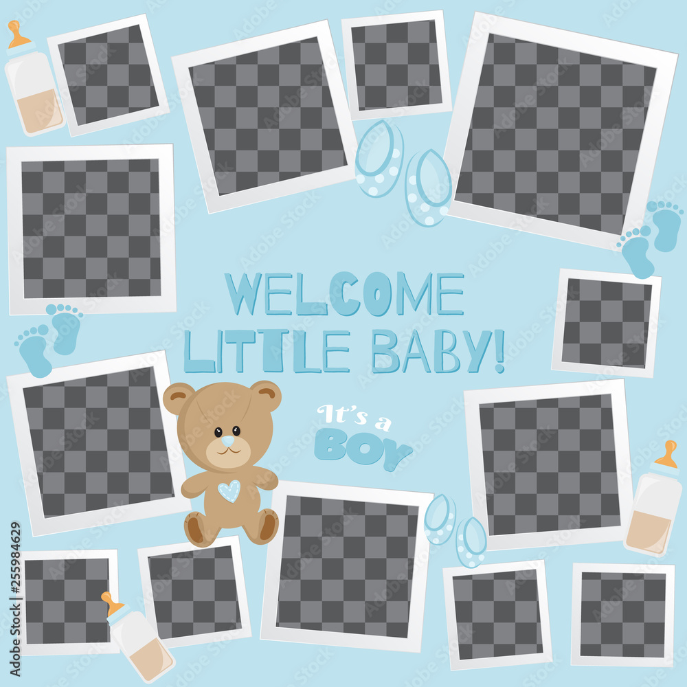 Baby frames with boy/girl and stickers on light background. It's a boy ...