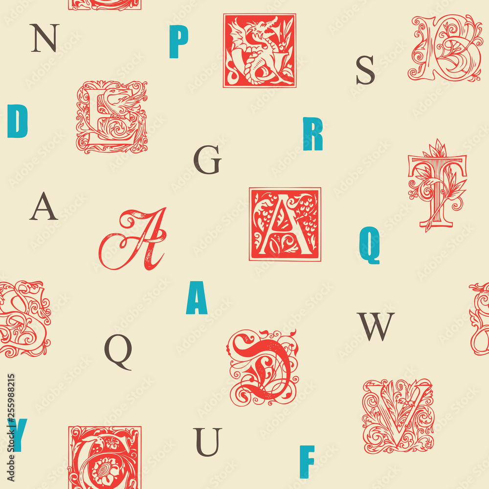 Vector seamless pattern with capital letters and hand drawn initial ...