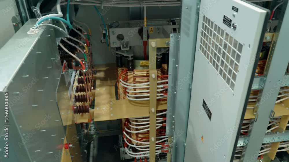 Control cabinet. Internal view of the transformer cabinet. copper parts ...