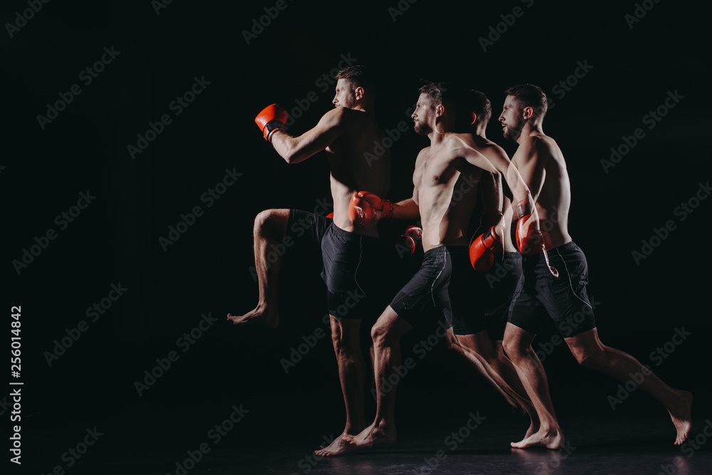 multiple exposure of strong muscular mma fighter in boxing gloves doing ...