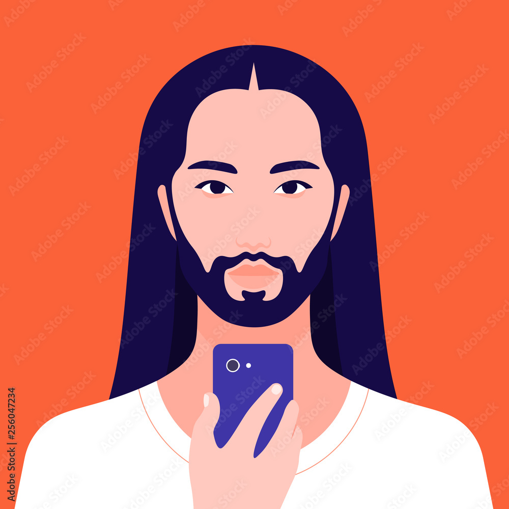 The Japanese's portrait with a beard and long hair. Avatar of the Asian ...