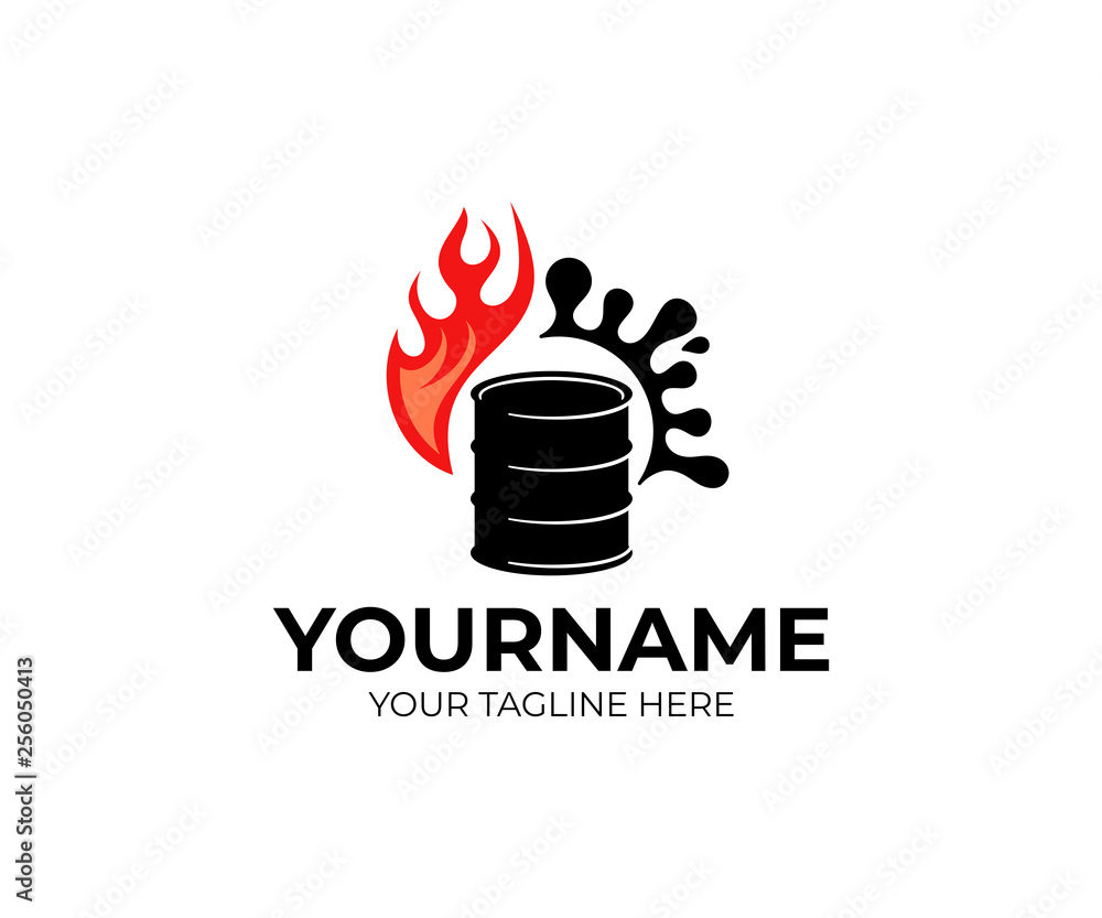 Barrel of oil, fire and splash of oil, logo design. Industry, mining ...