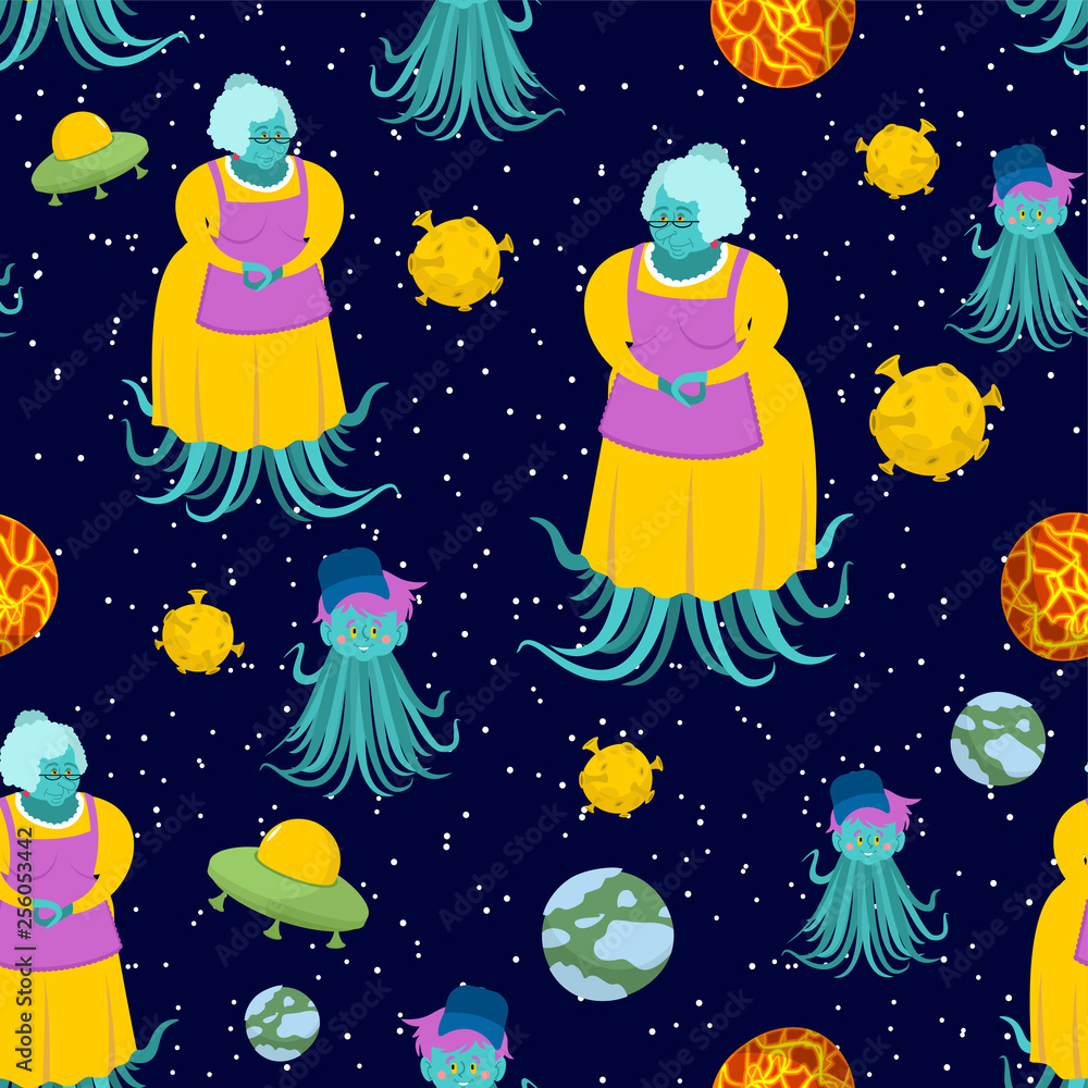 Grandmother alien and Grandson pattern seamless. Green Grandma ...