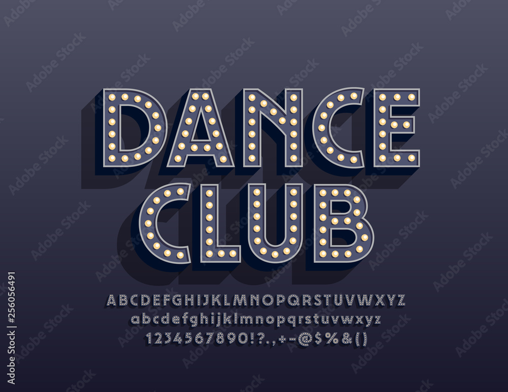 Vector stylish emblem Dance Club with electric light bulbs. Illuminated ...
