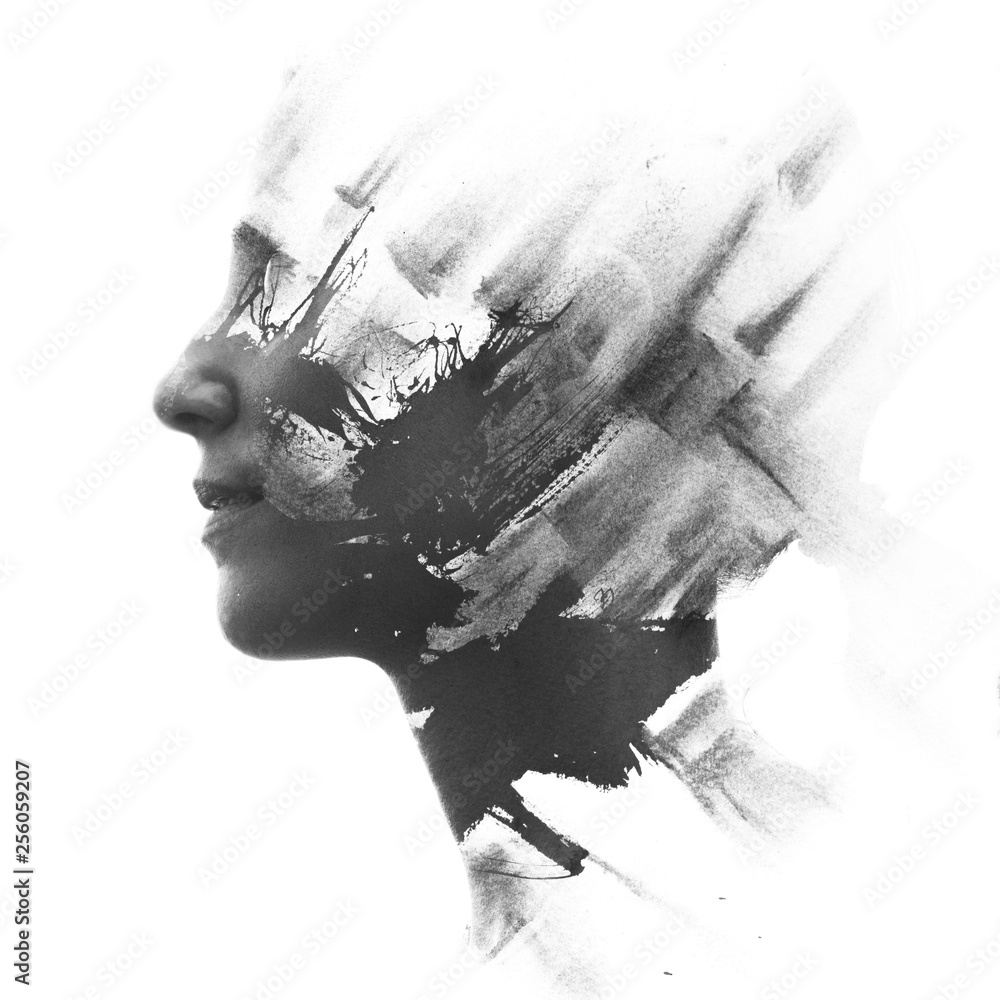 Paintography. Double exposure portrait of a young woman’s profile ...