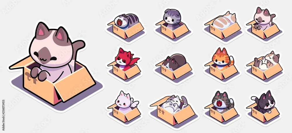 Cats in boxes sticker set for. Set of badges with cats sitting in ...