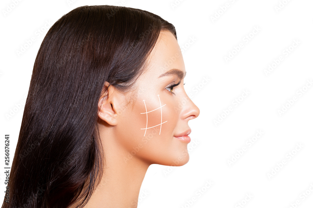 portrait close-up girl in profile with perfect elastic skin on her face ...