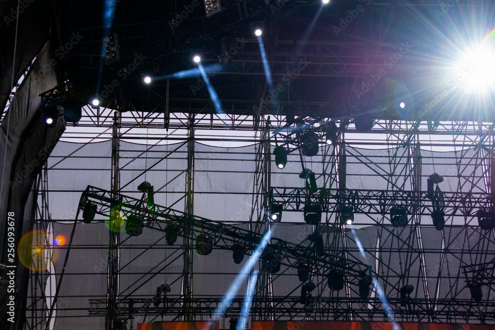 Lights on open air stage afternoon and evening, musical concert ...