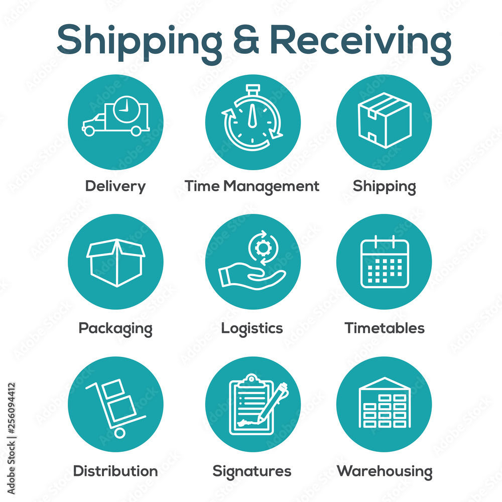Shipping and Receiving Icon Set with Boxes, Warehouse, checklist, etc ...
