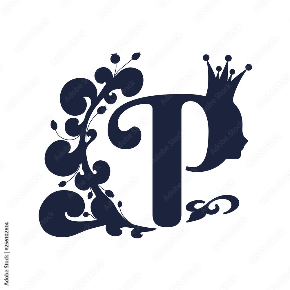 Vintage royal emblem with P letter silhouette decorated by floral ...