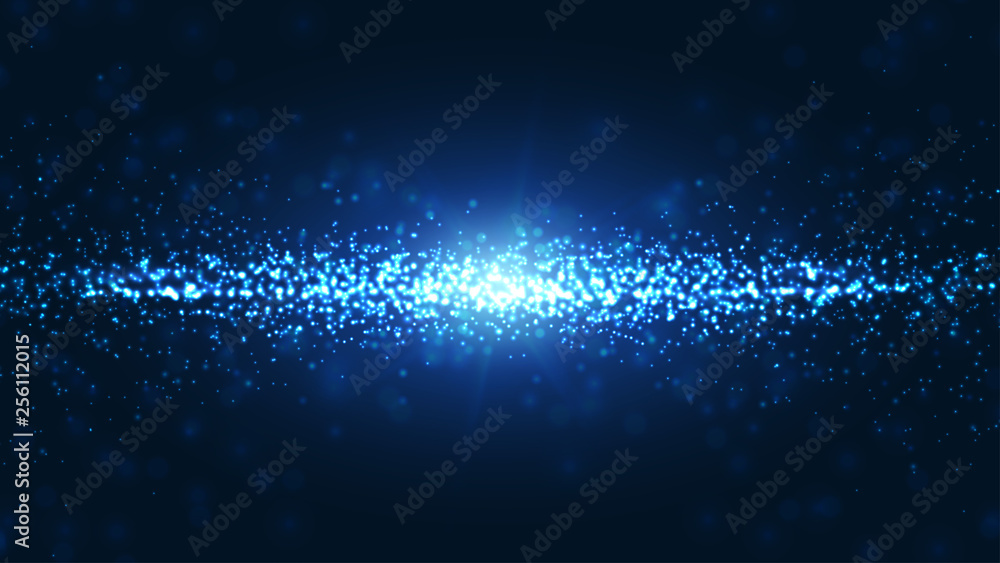 Blue wavy and shining abstract particles background. Dynamic particle explosions background from ...