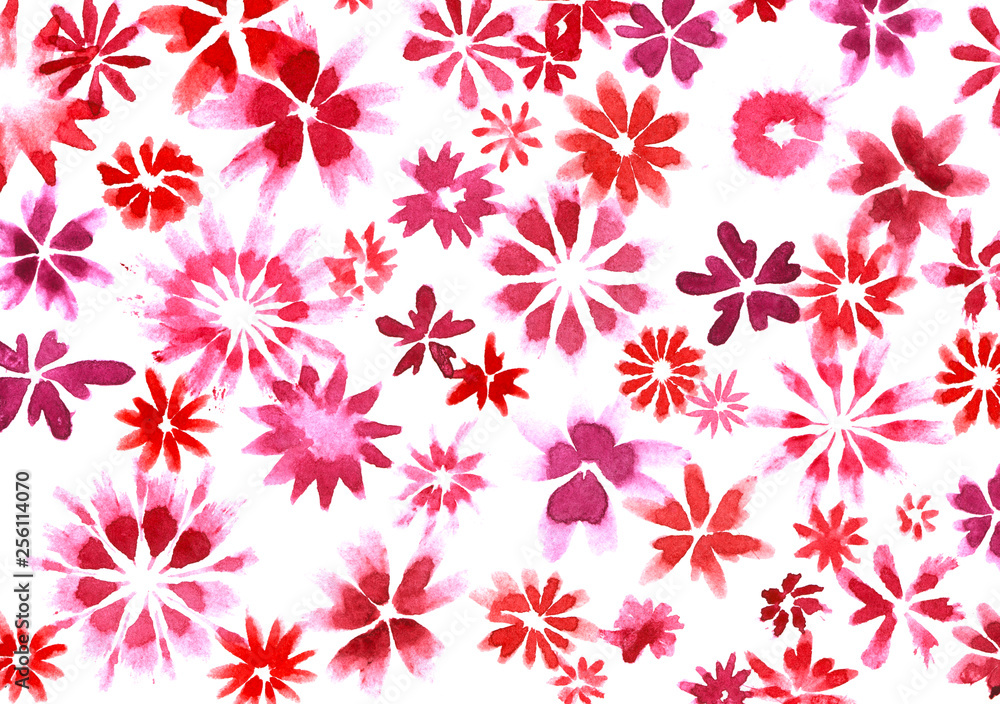 Floral background. Many red flowers of elements of different sizes and ...