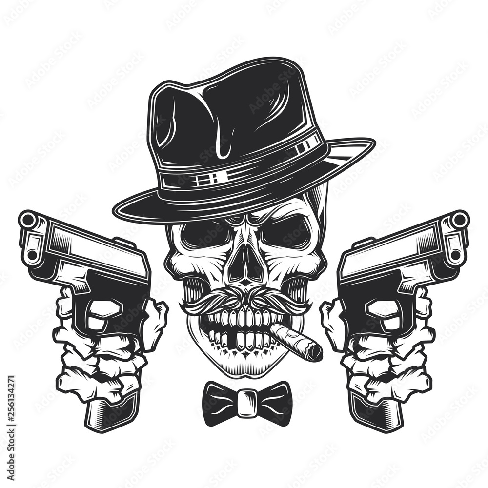 Original vector illustration in retro style. Skull-gangster with ...