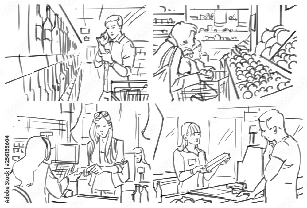Storyboard with people at grocery/cafe Stock Illustration | Adobe Stock