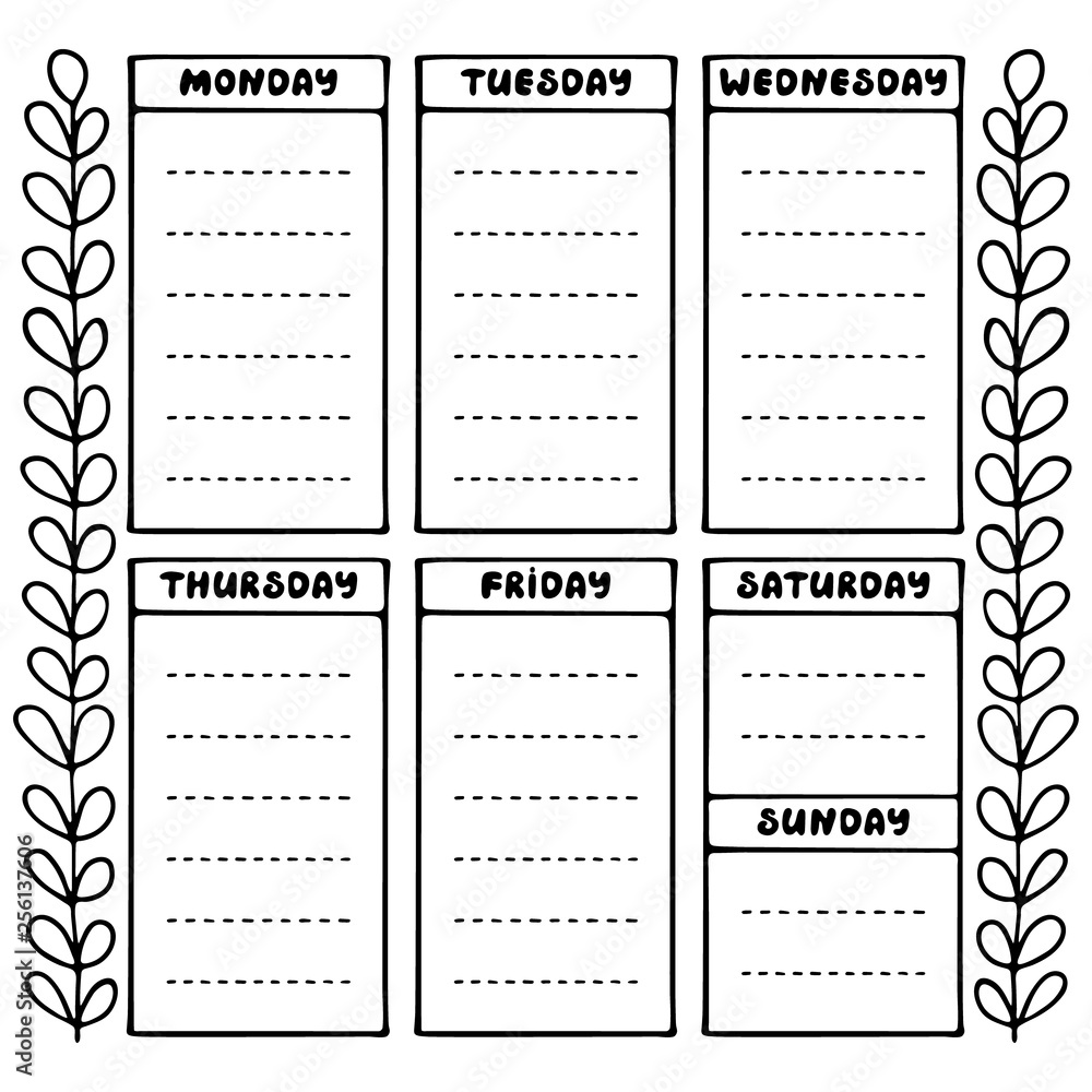 Hand drawing black and white weekly planner template. Cute doodle ...