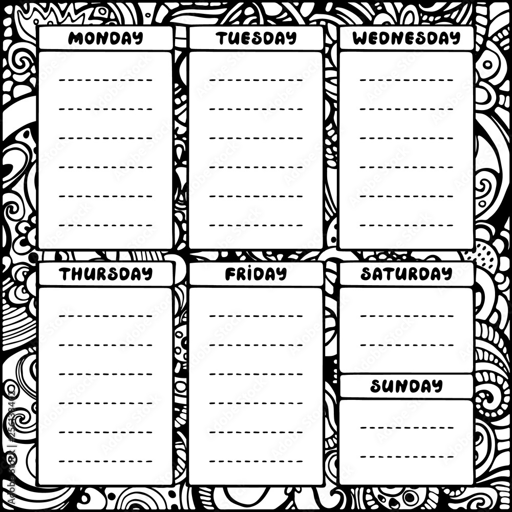 Hand drawing black and white weekly planner template. Cute doodle ...